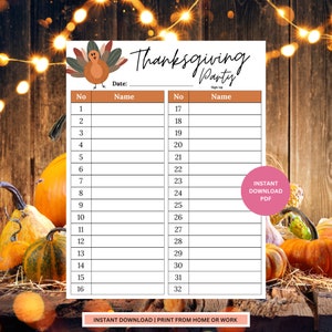 Thanksgiving Party Sign up Sheet | Thanksgiving Party Sheet | Printable ...