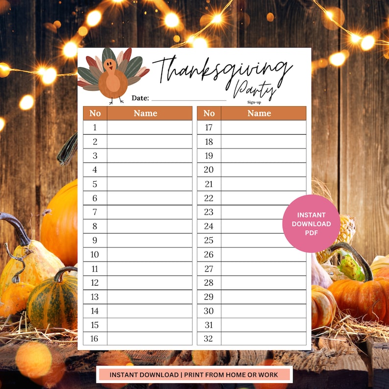 Thanksgiving Party Sign up Sheet | Thanksgiving Party Sheet | Printable ...