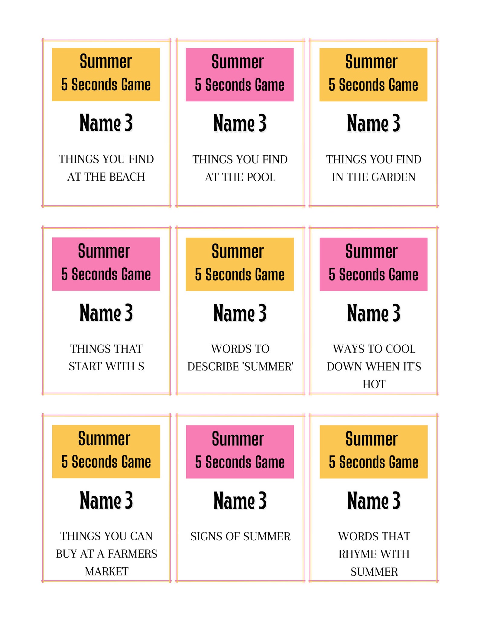 5 Seconds Summer Game | Summer Printable Games | Summer Activities ...