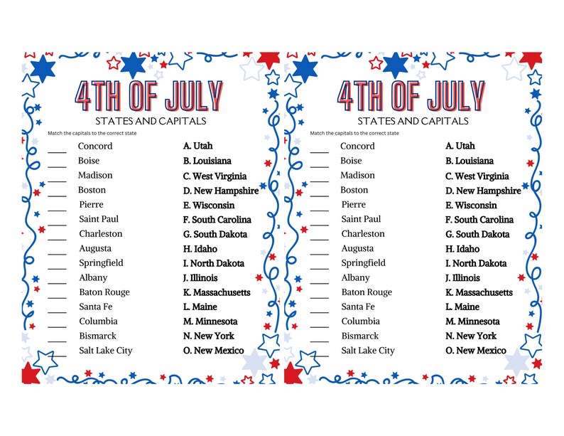 States and Capitals 4th of July Game | Independence Day Printable Games ...