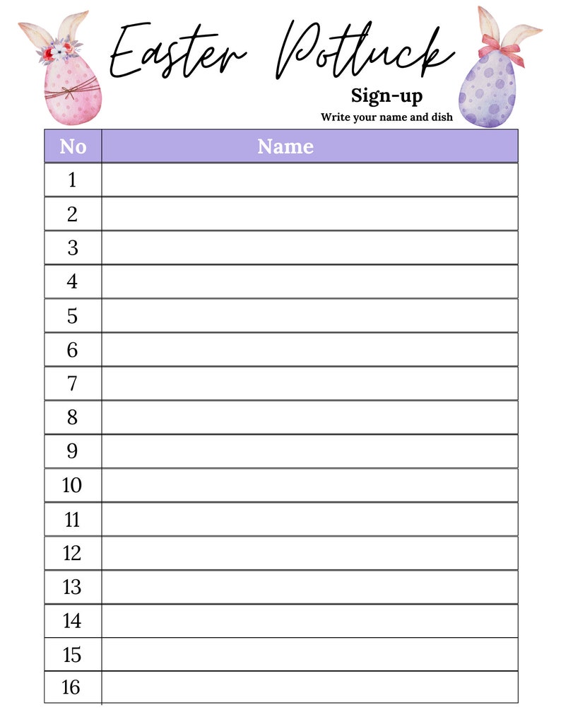 Potluck Sign up Sheet Easter Potluck Sign up Sheet Easter Potluck Sheet ...