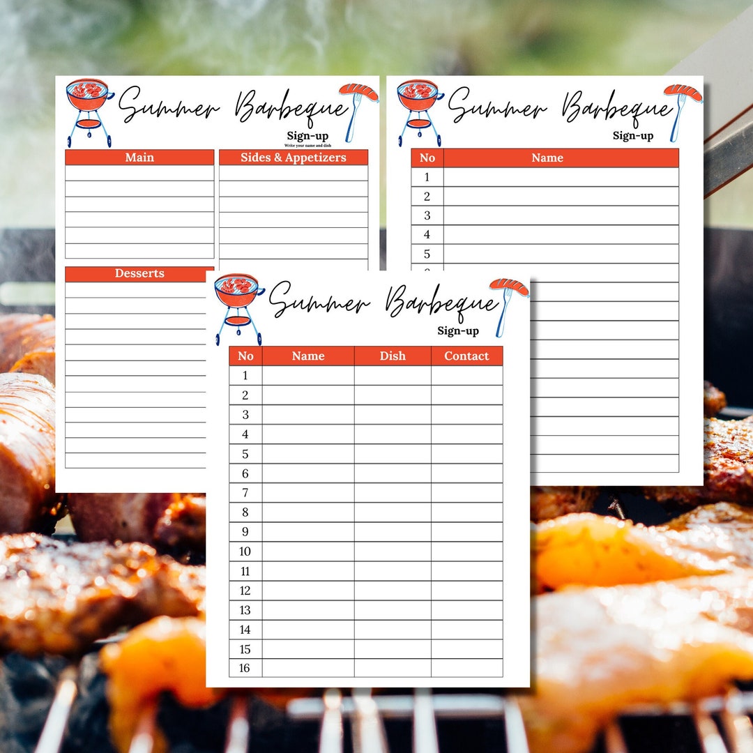 Summer Barbeque Potluck Sign up Sheet | Summer Potluck Sheet | Summer ...