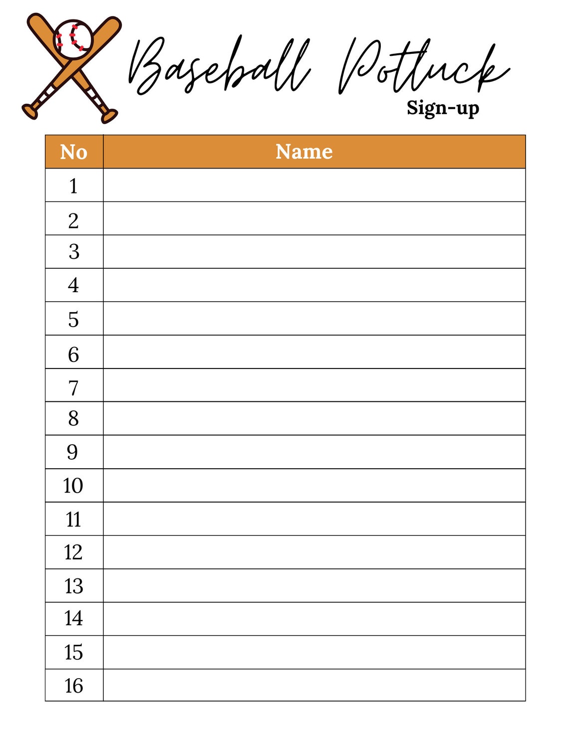 Baseball Potluck Sign up Sheet Baseball Potluck Sheet - Etsy