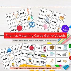 Phonics Matching Cards Game Vowels| CVC Words | Phonics Games |phonics ...