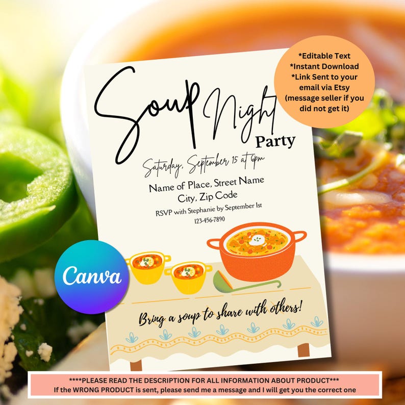 Soup Night Potluck Party Invite Template | Editable Soup Night | Soup ...