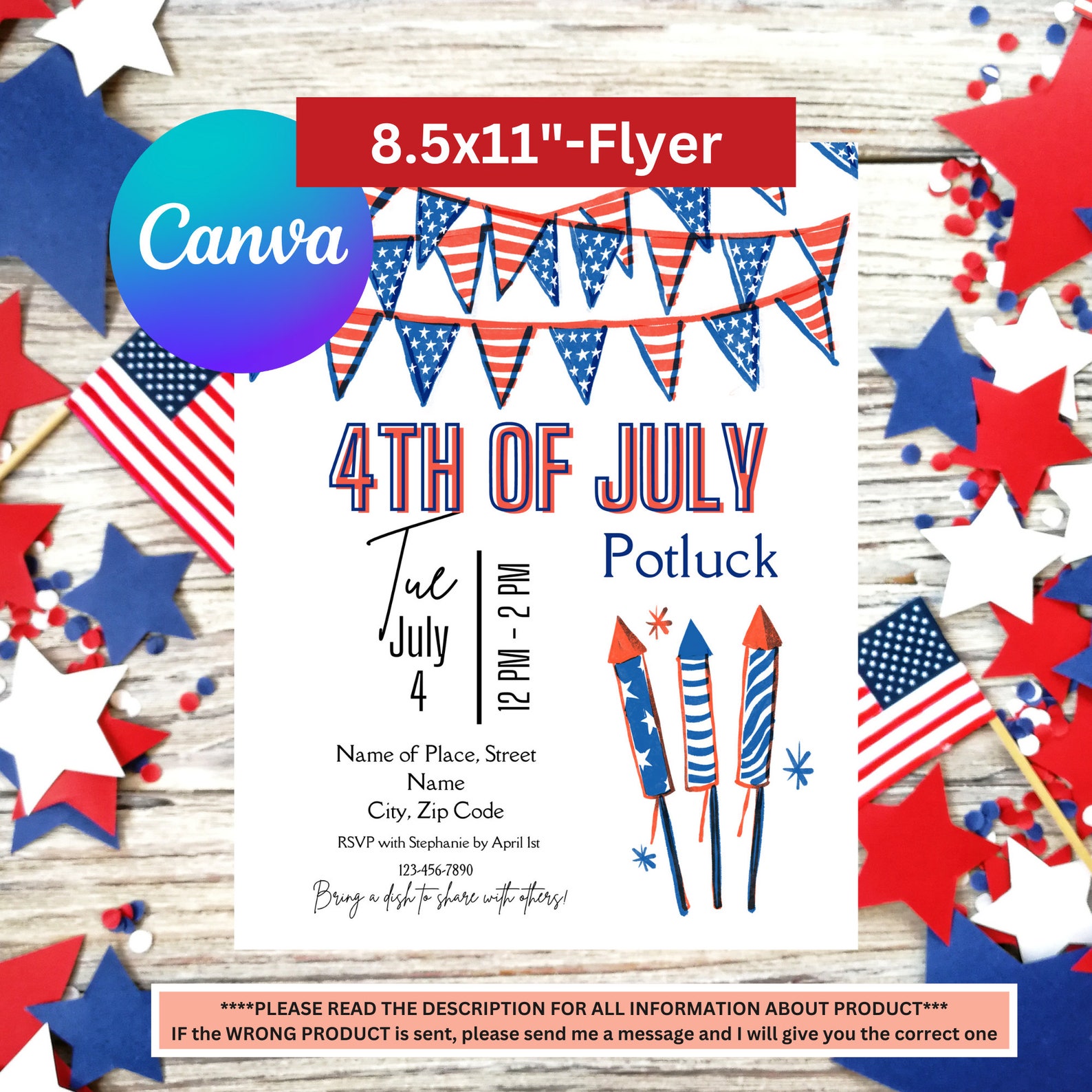 4th of July Potluck Flyer Template | July 4th Potluck 8.5x11 | Fourth ...