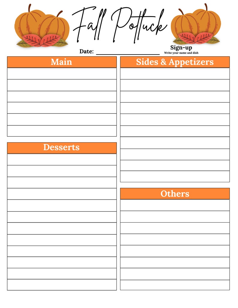 Potluck Sign up Sheet | Fall Potluck Sign up Sheet | Thanksgiving ...