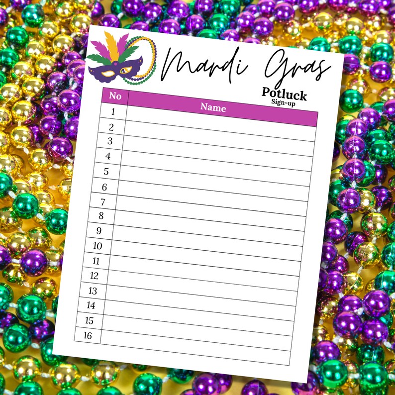 Potluck Sign up Sheet | Mardi Gras Potluck Sign up Sheet | Mardi Gras ...