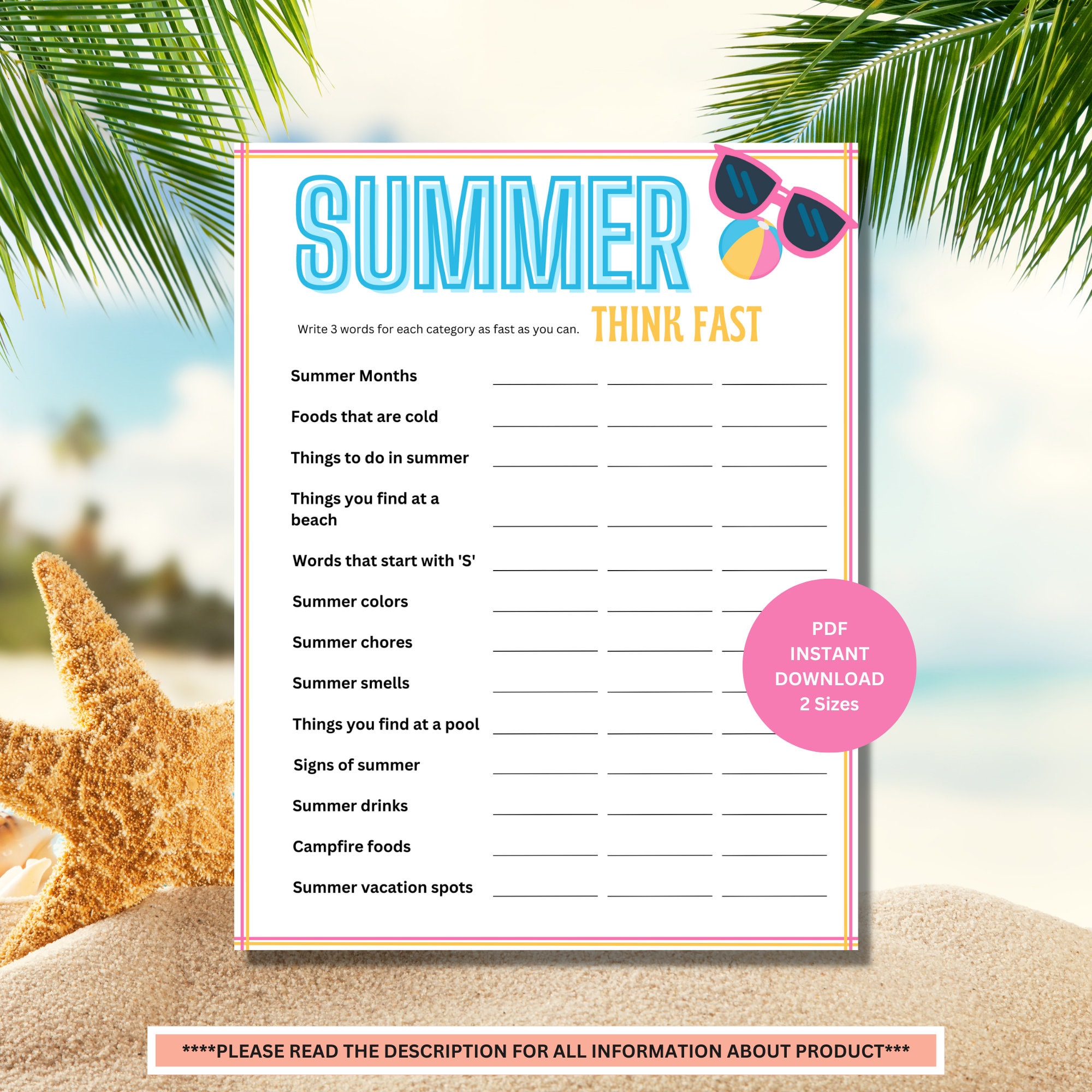 Think Fast Summer Game | Summer Printable Games | Summer Activities ...