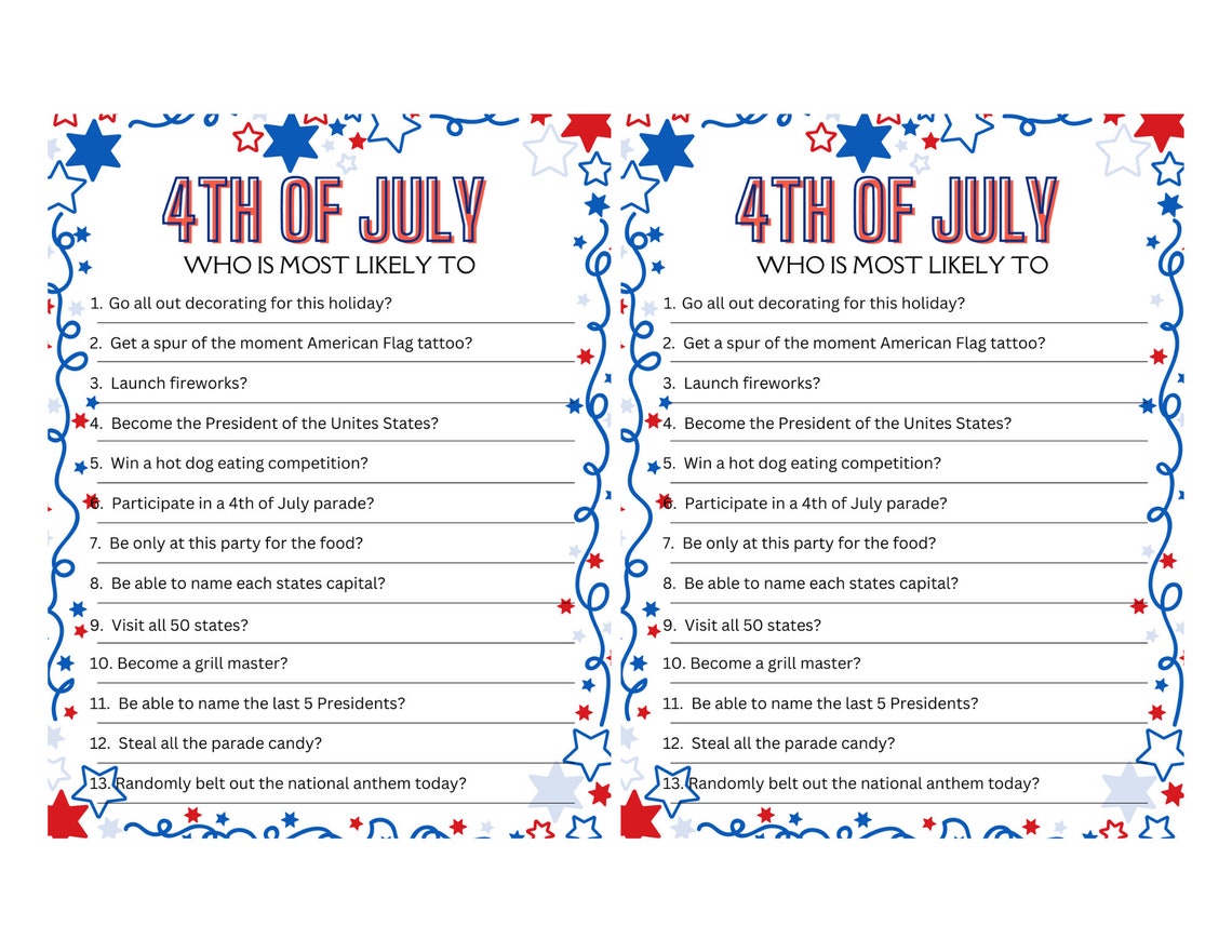 Who is Most Likely to 4th of July Game | Independence Day Printable ...