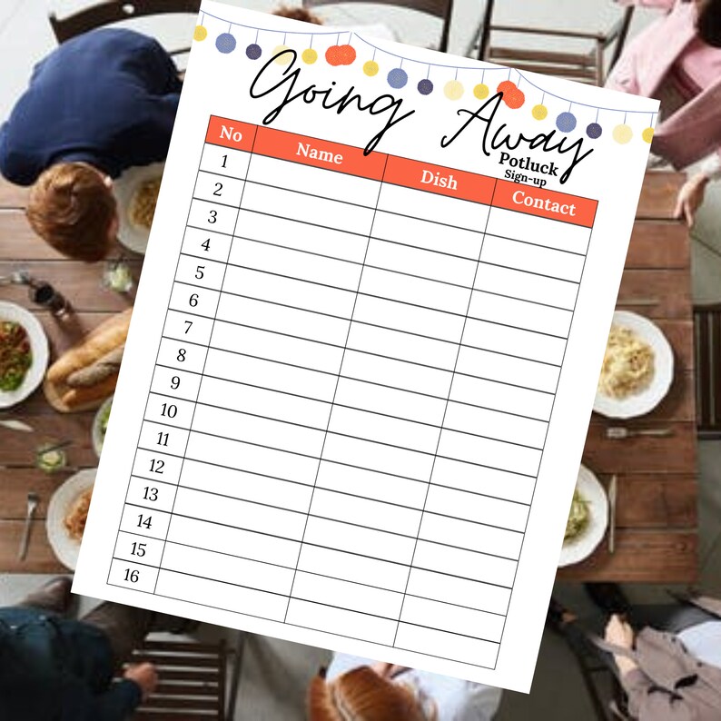 Potluck Sign up Sheet Going Away Potluck Sign up Sheet Going Away ...