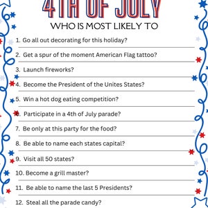 Who is Most Likely to 4th of July Game | Independence Day Printable ...