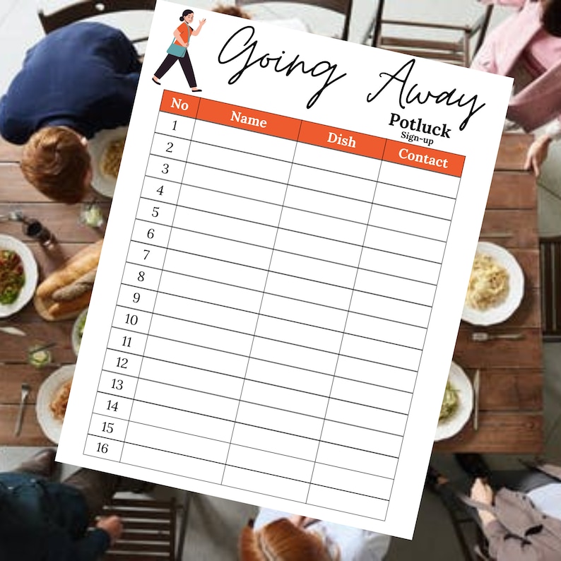 Potluck Sign up Sheet | Going Away Potluck Sign up Sheet | Going Away ...