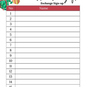 Christmas Gift Exchange Sign up Sheet Gift Exchange Sign up Sheet ...