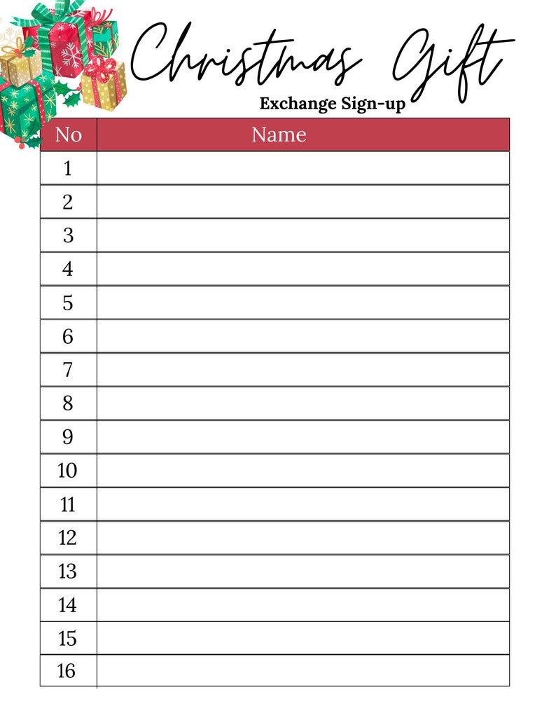 Christmas Gift Exchange Sign up Sheet | Gift Exchange Sign up Sheet ...