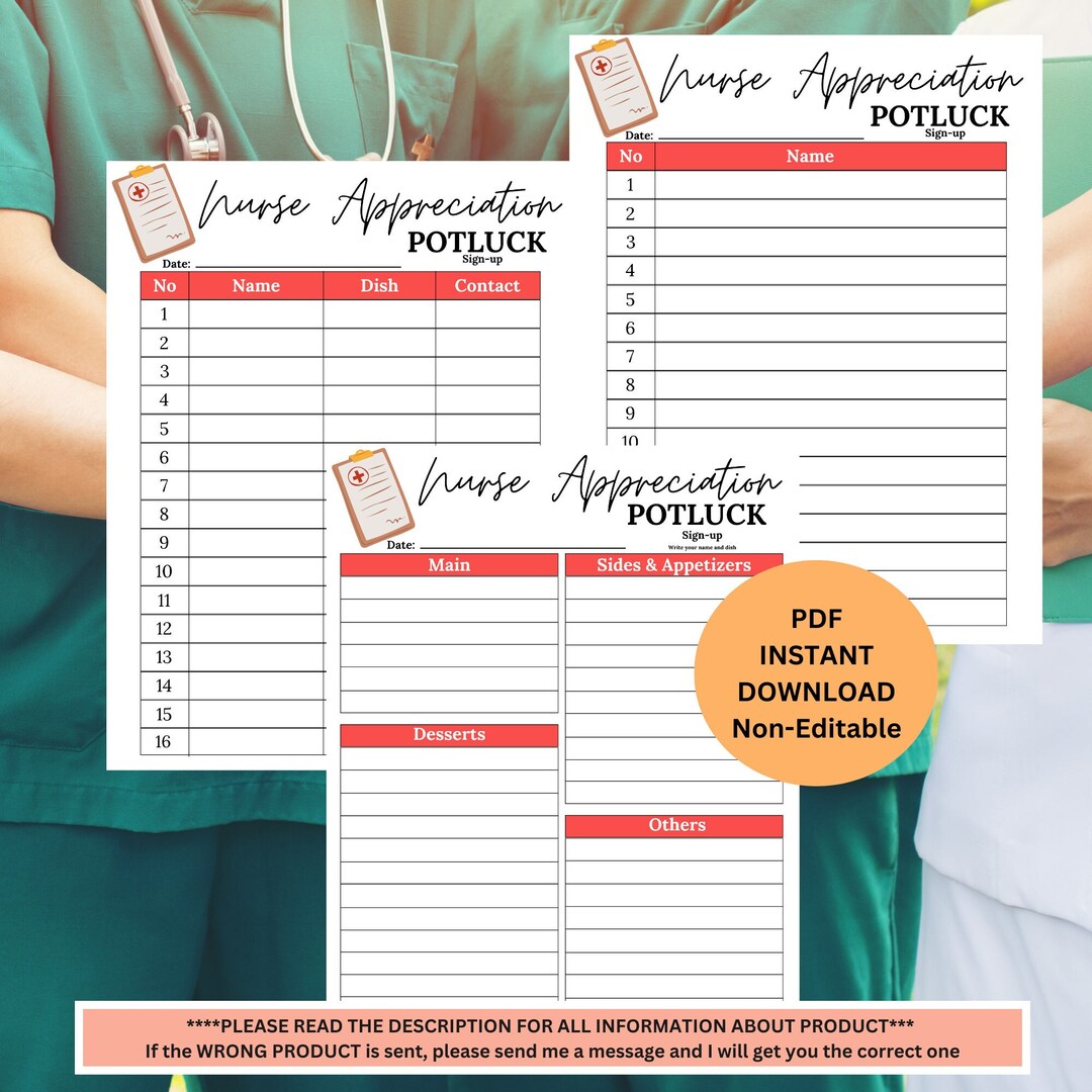 Nurse Appreciation Potluck Sign up Sheet Nurse Sign up Sheet - Etsy