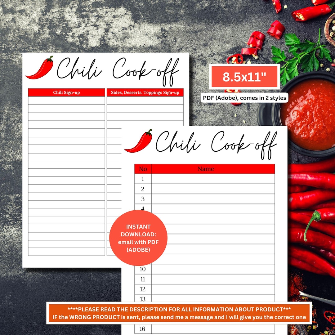 Chili Cook-off Sign up Sheet | Chili Cook off Sheet | Chili Cookoff ...