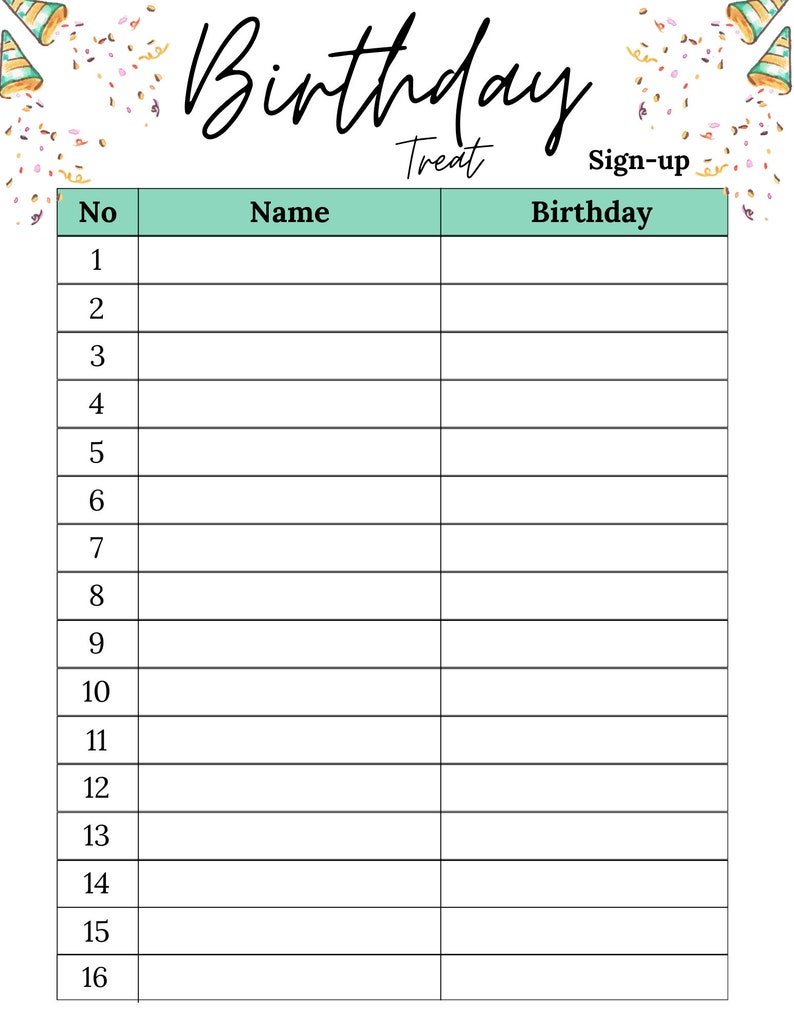 Birthday Treat Sign up | Birthday Treat | Sign up Sheet | Happy ...