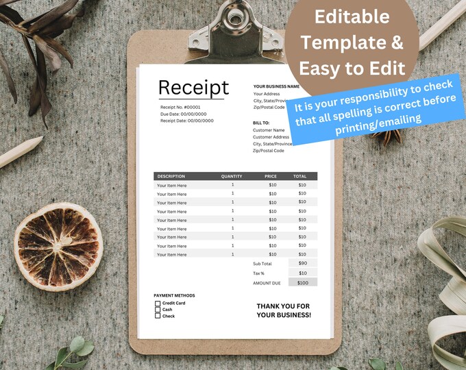 Receipt Template | Editable Receipt Template | Receipt Template for ...