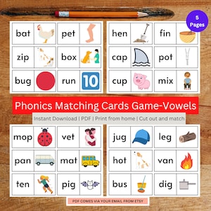 Phonics Matching Cards Game Vowels| CVC Words | Phonics Games |phonics ...