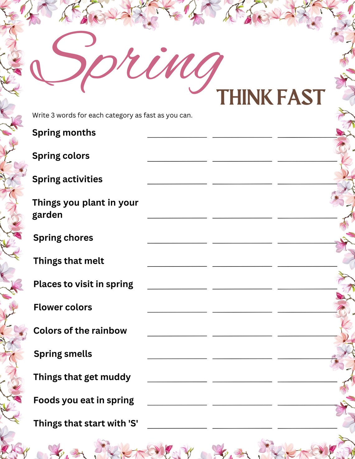 Think Fast Spring Game Spring Printable Games Spring Activities Adult ...