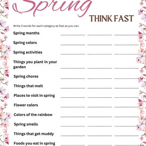 Think Fast Spring Game | Spring Printable Games | Spring Activities ...