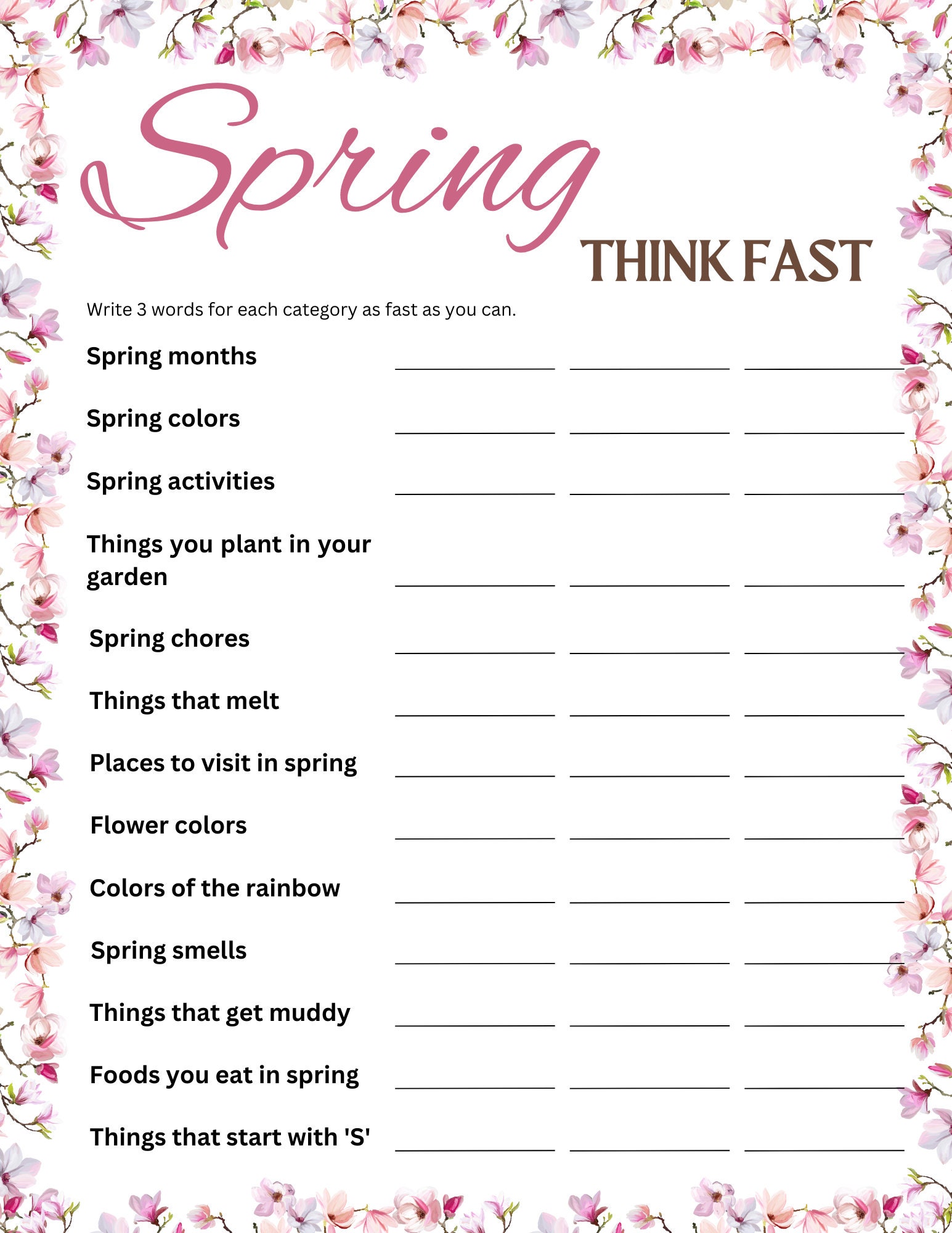 Think Fast Spring Game Spring Printable Games Spring Activities Adult ...