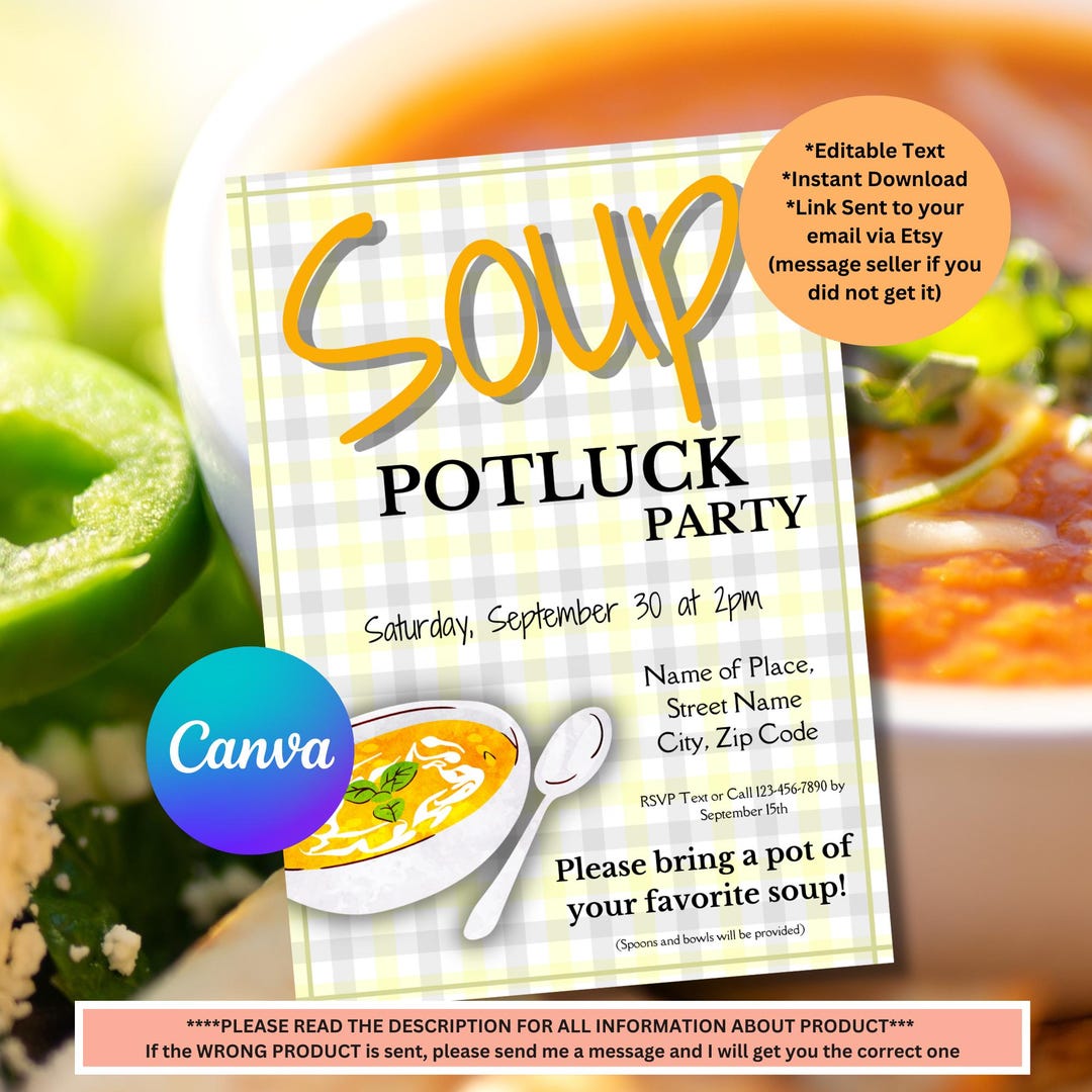 Soup Potluck Party Invite Template | Editable Soup Potluck | Soup ...