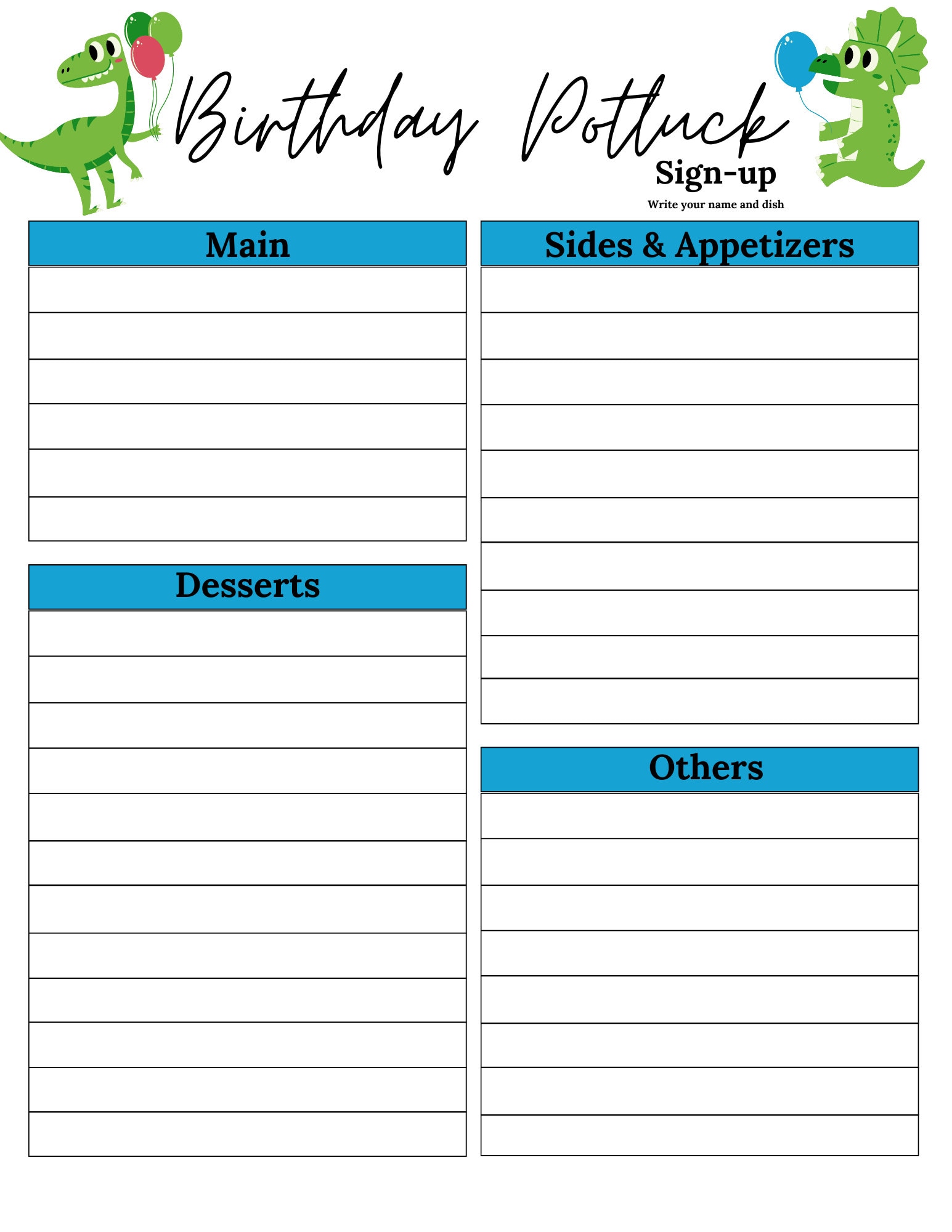 Potluck Sign up Sheet | Birthday Potluck Sign up Sheet | Birthday ...