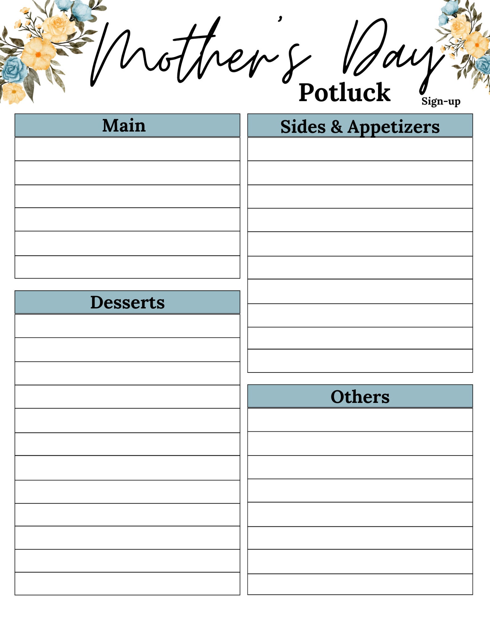 Potluck Sign up Sheet Mother's Day Potluck Sign up Sheet Mother's Day ...