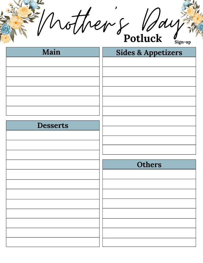 Potluck Sign up Sheet | Mother's Day Potluck Sign up Sheet | Mother's ...