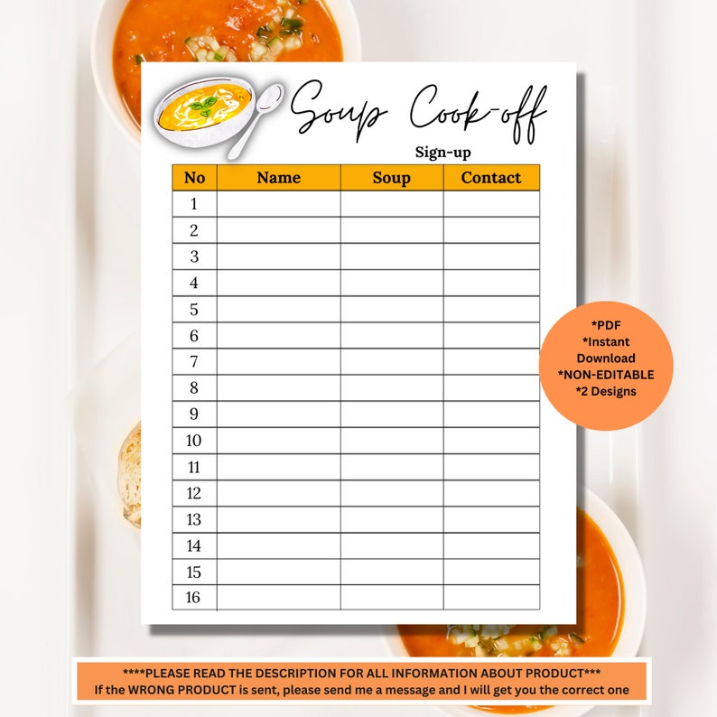 Soup Cook-off Sign up Sheet | Soup Cook off Sheet | Soup Cookoff | Soup ...