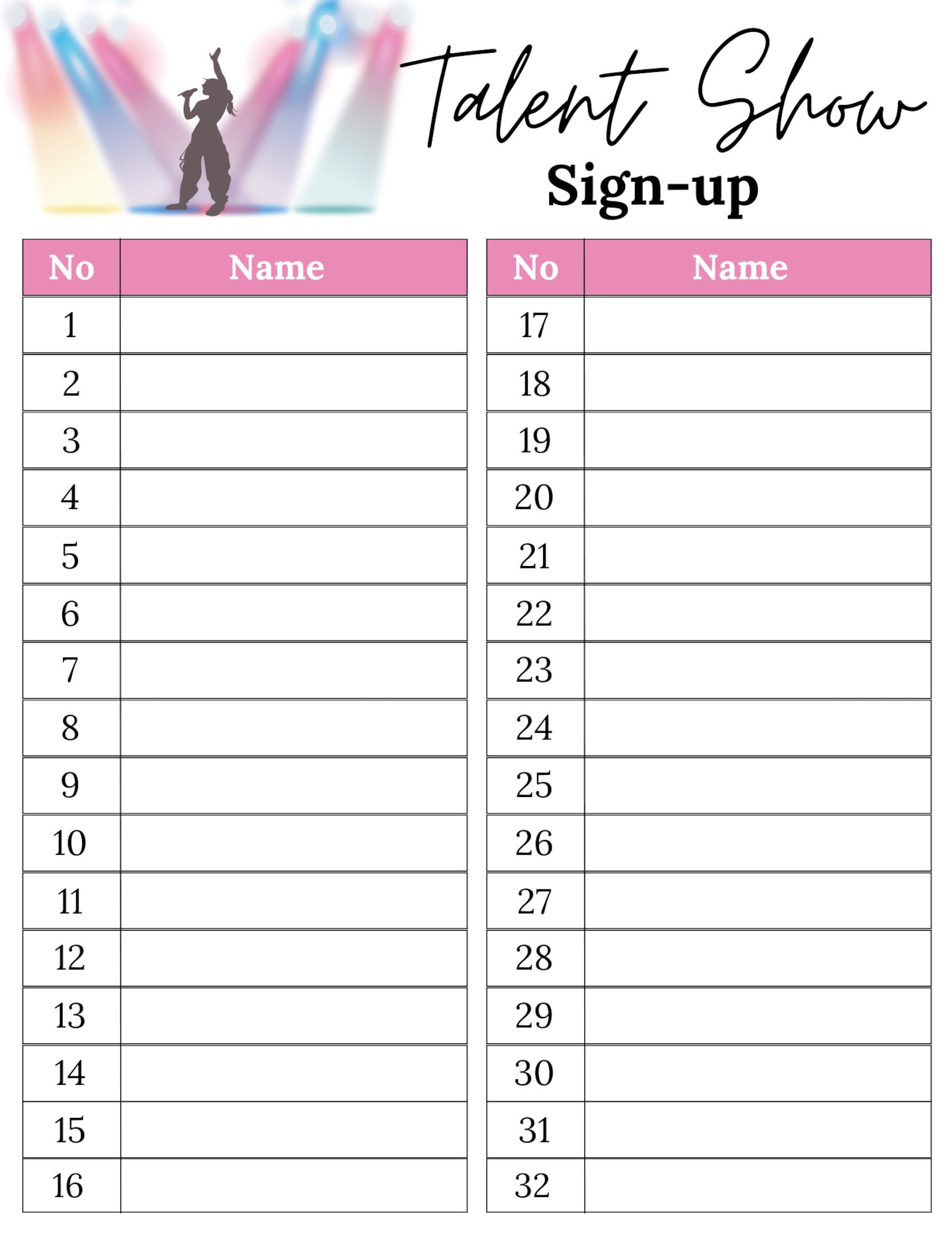 Talent Show Sign up Sheet | Talent Show Sheet | Printable Talent Show ...