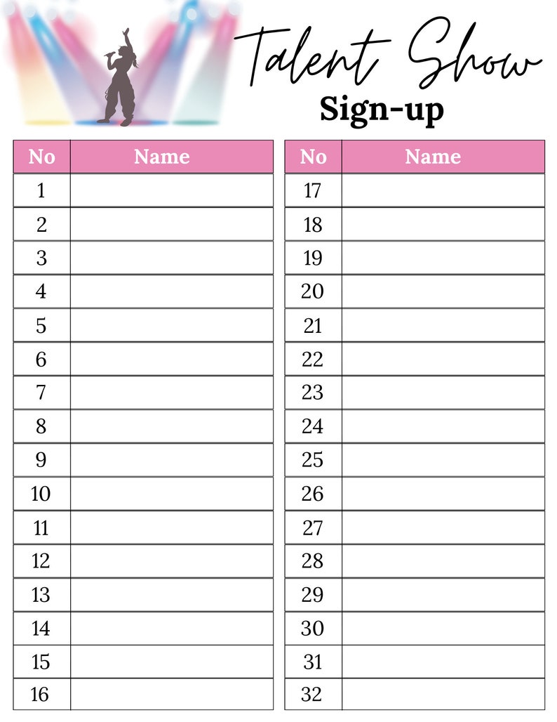 Talent Show Sign up Sheet | Talent Show Sheet | Printable Talent Show ...