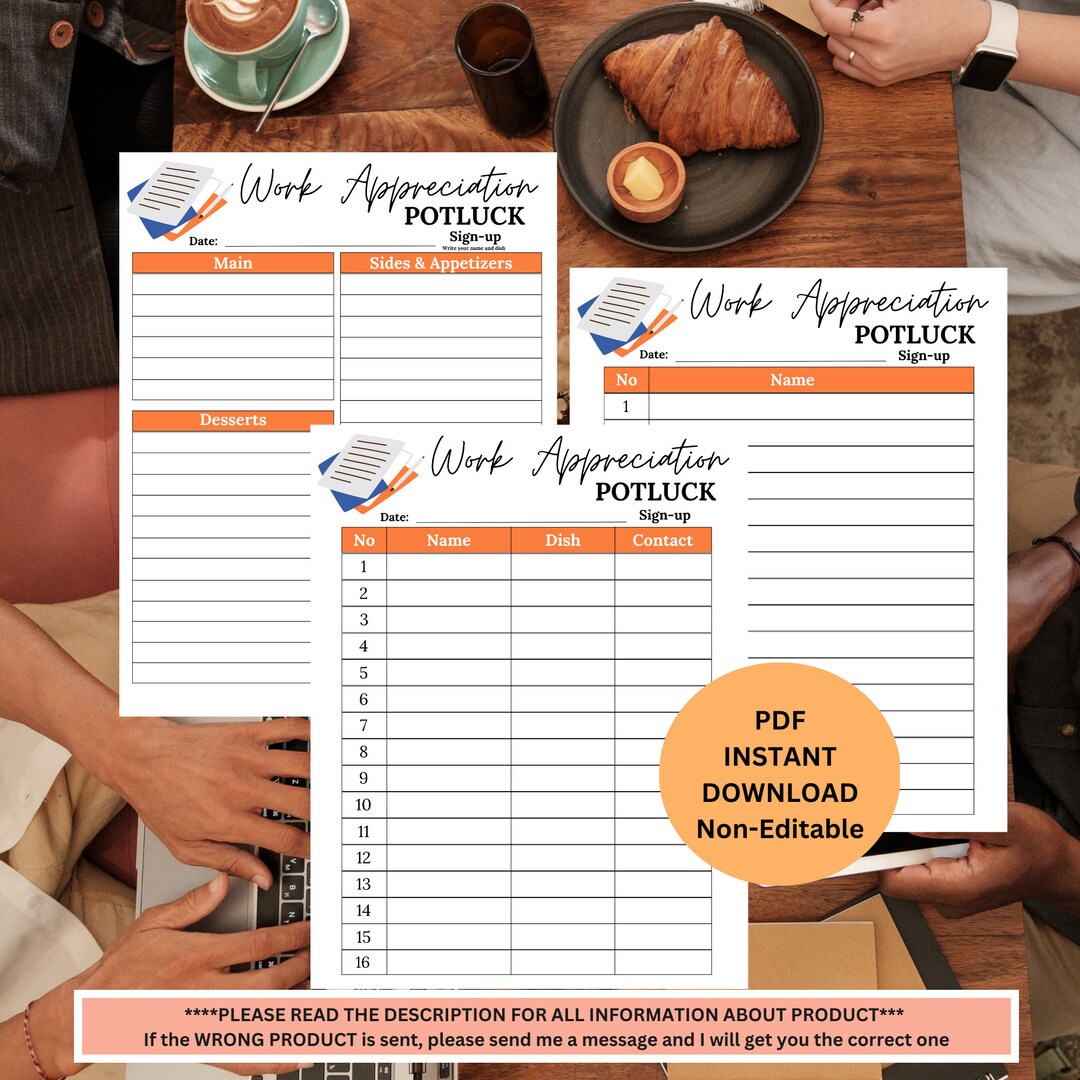Work Appreciation Potluck Sign up Sheet | Employee Appreciation Potluck ...