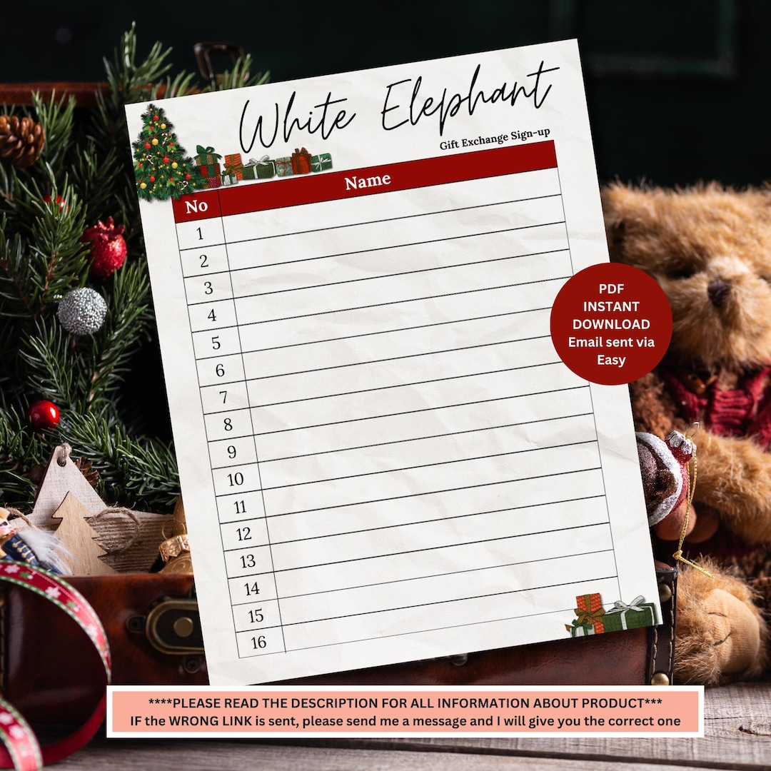 White Elephant Gift Exchange Sign up Sheet | Gift Exchange Sign up ...