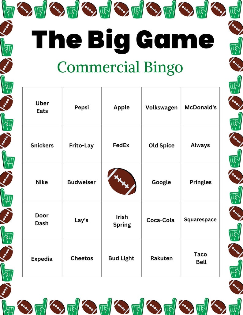 The Big Game Party Games the Big Game Commercial Bingo Big Game Games ...