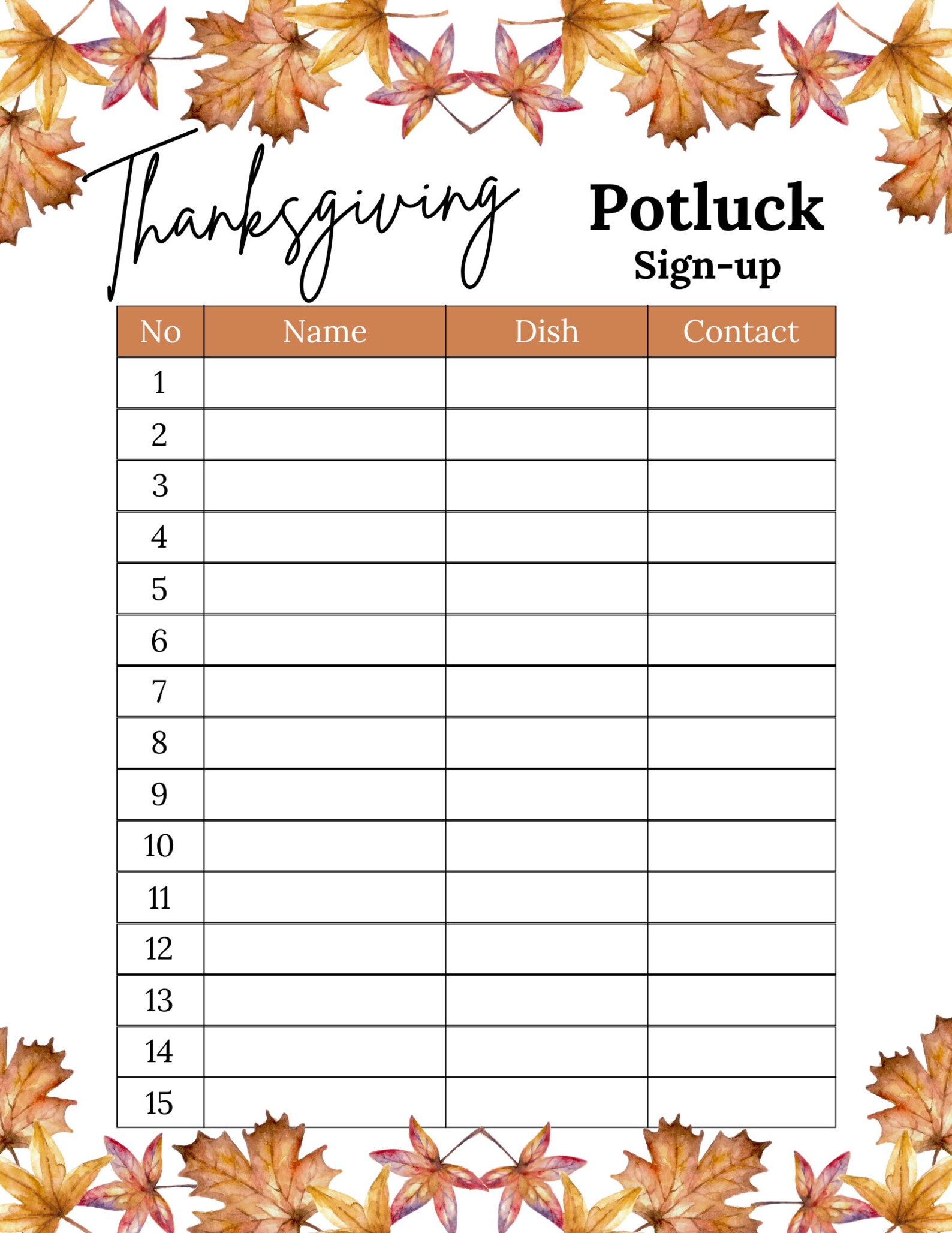 Potluck Sign up Sheet Thanksgiving Potluck Sign up Sheet Thanksgiving ...