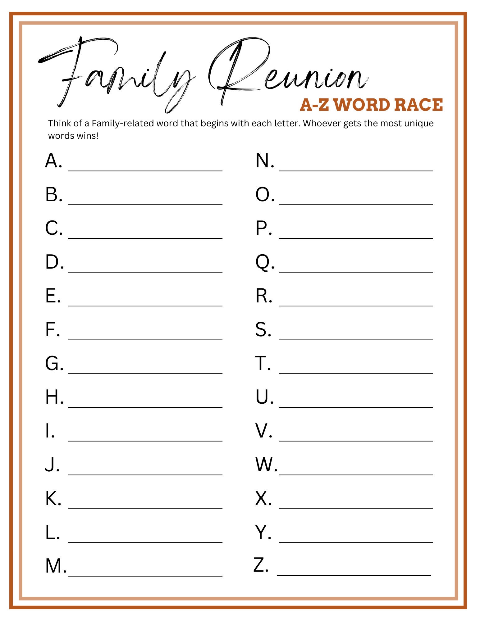 Family Reunion A-Z Word Race Family Reunion Games Games for Family ...