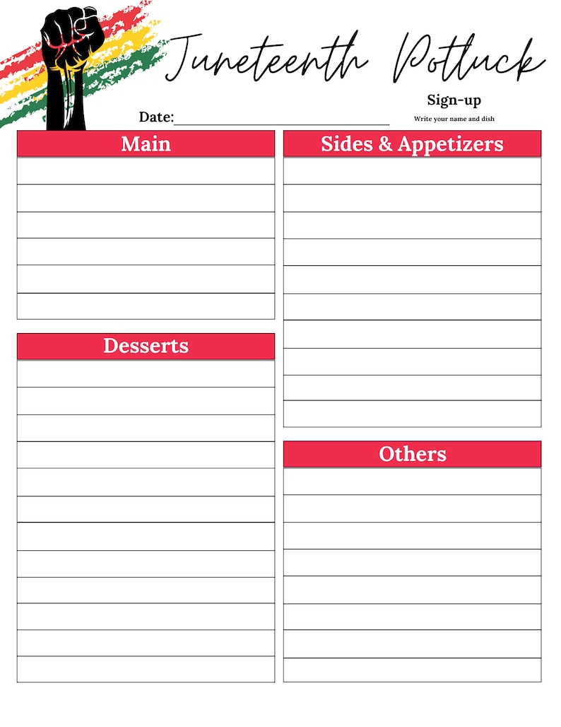 Potluck Sign up Sheet | Juneteenth Day Potluck Sign up Sheet | Potluck ...