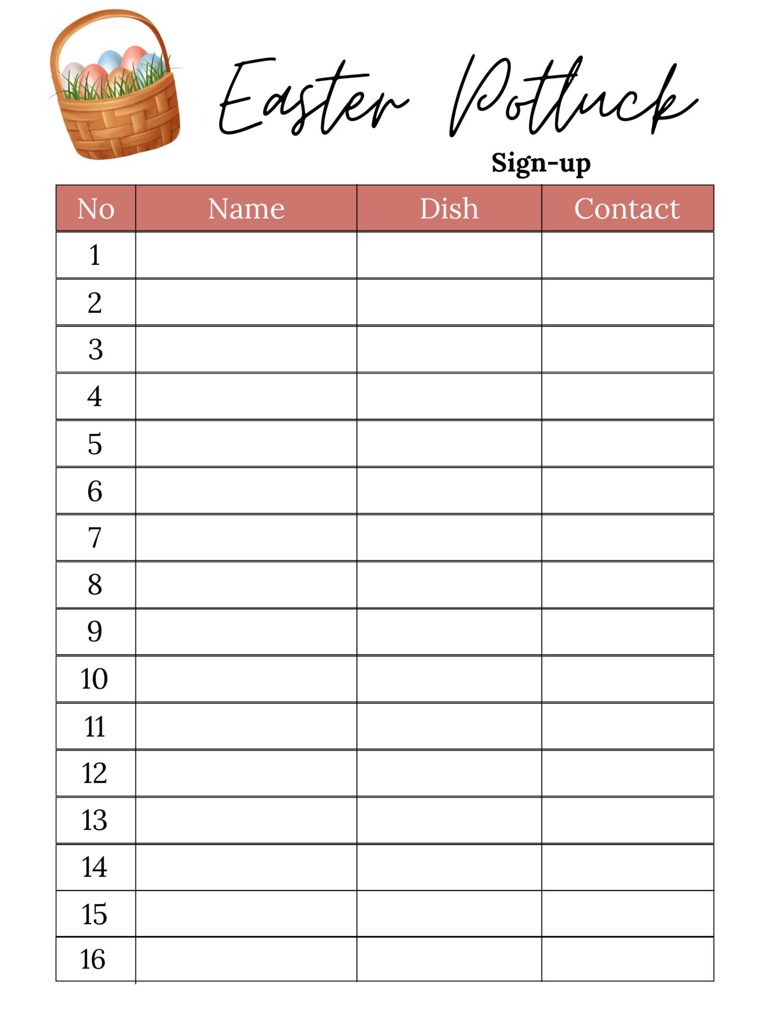 Potluck Sign up Sheet | Easter Potluck Sign up Sheet | Easter Potluck ...