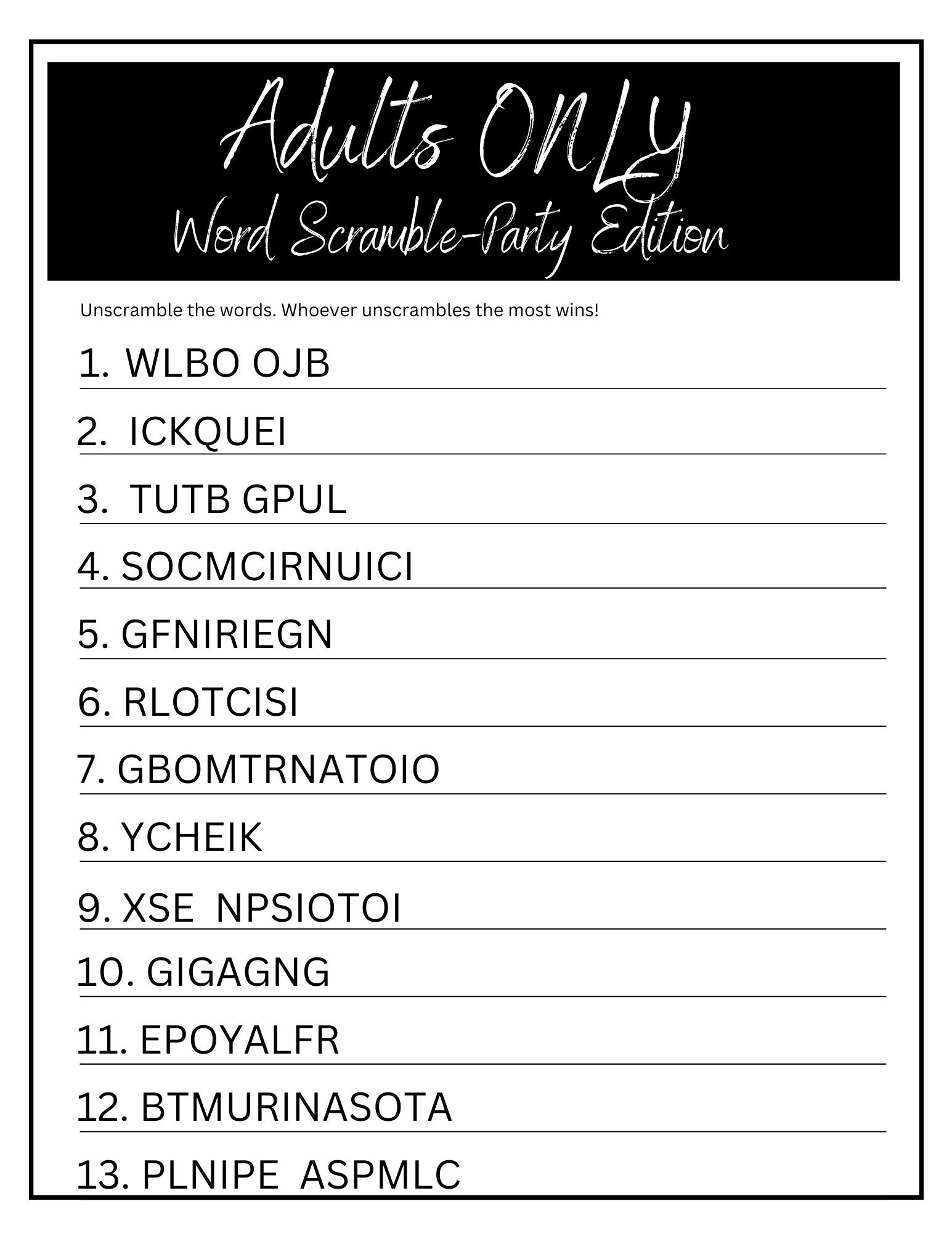 Word Scramble Adult Game | Word Scramble Party Game | Adult Only Games ...