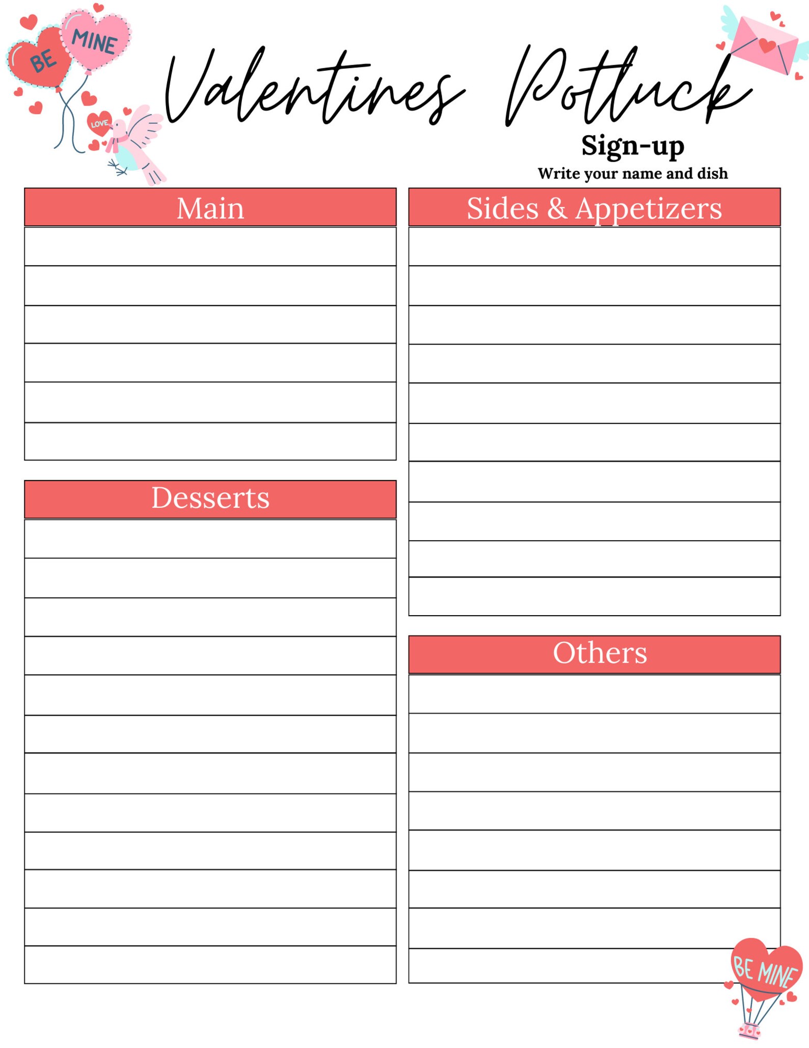 Potluck Sign up Sheet | Valentines Potluck Sign up Sheet | Valentine's ...