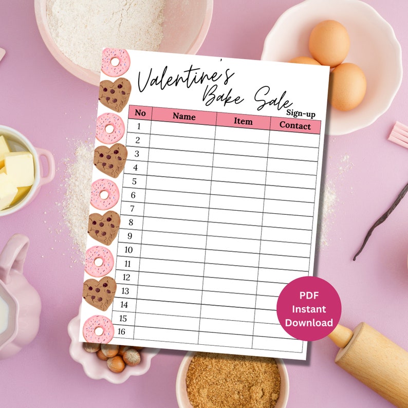 Valentine's Bake Sale Sign up Sheet | Valentines Bake Sale Sheet ...