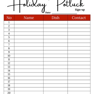 Potluck Sign up Sheet | Holiday Potluck Sign up Sheet | Holiday Potluck ...