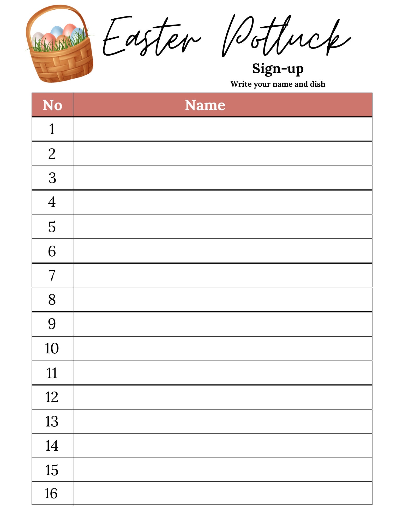 Potluck Sign up Sheet | Easter Potluck Sign up Sheet | Easter Potluck ...