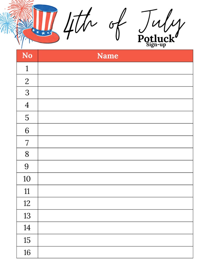 Potluck Sign up Sheet | 4th of July Potluck Sign up Sheet | July 4th ...