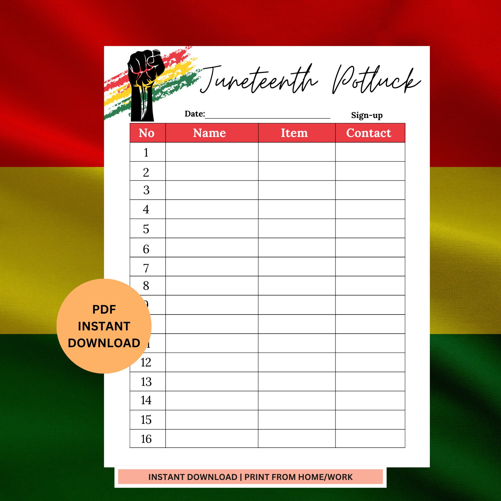 Potluck Sign up Sheet | Juneteenth Day Potluck Sign up Sheet | Potluck ...