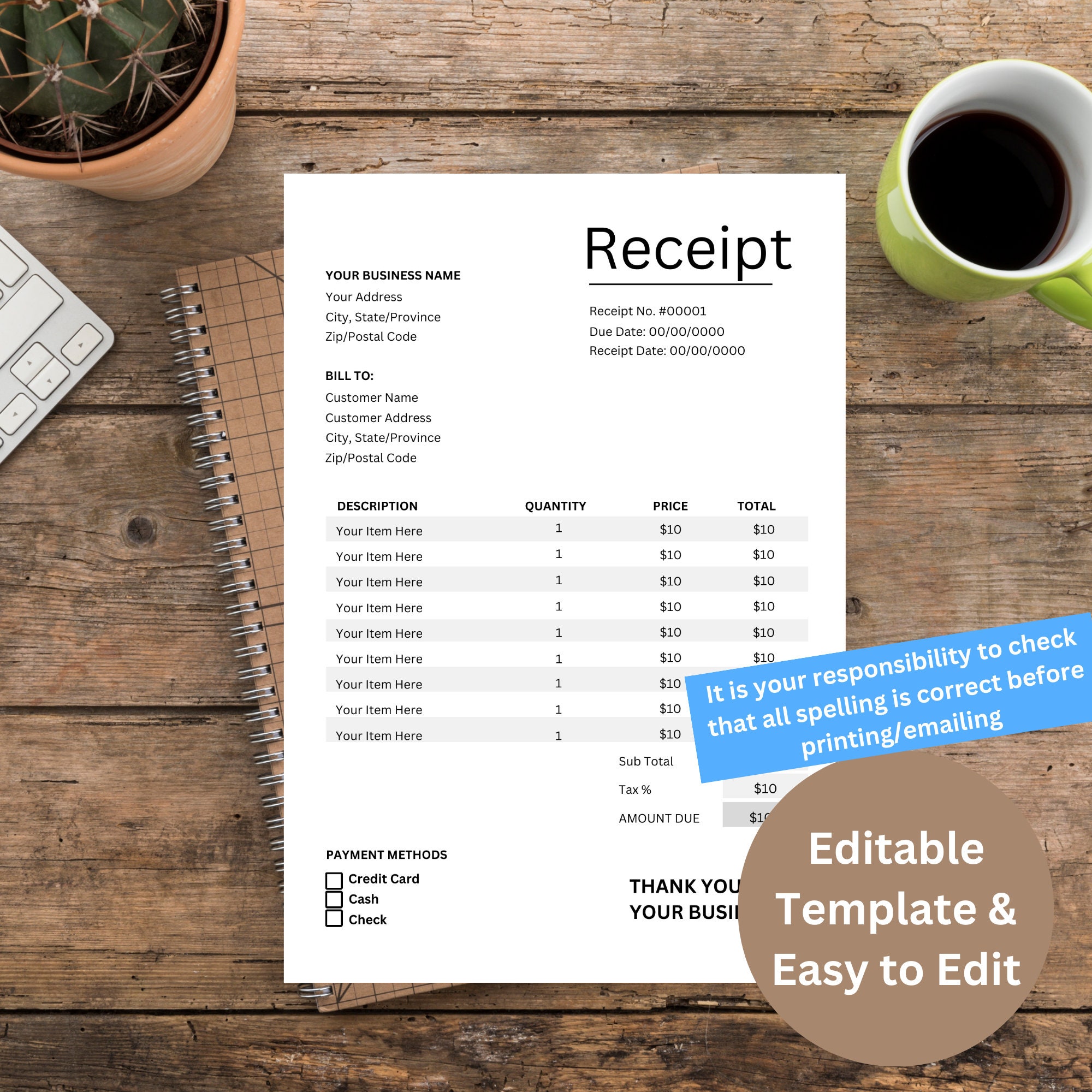 Receipt Template | Editable Receipt Template | Receipt Template for ...