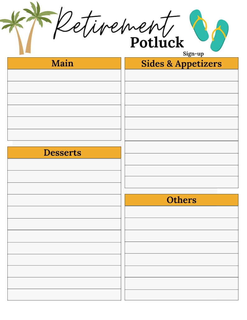 Potluck Sign up Sheet | Retirement Potluck Sign up Sheet | Retirement ...